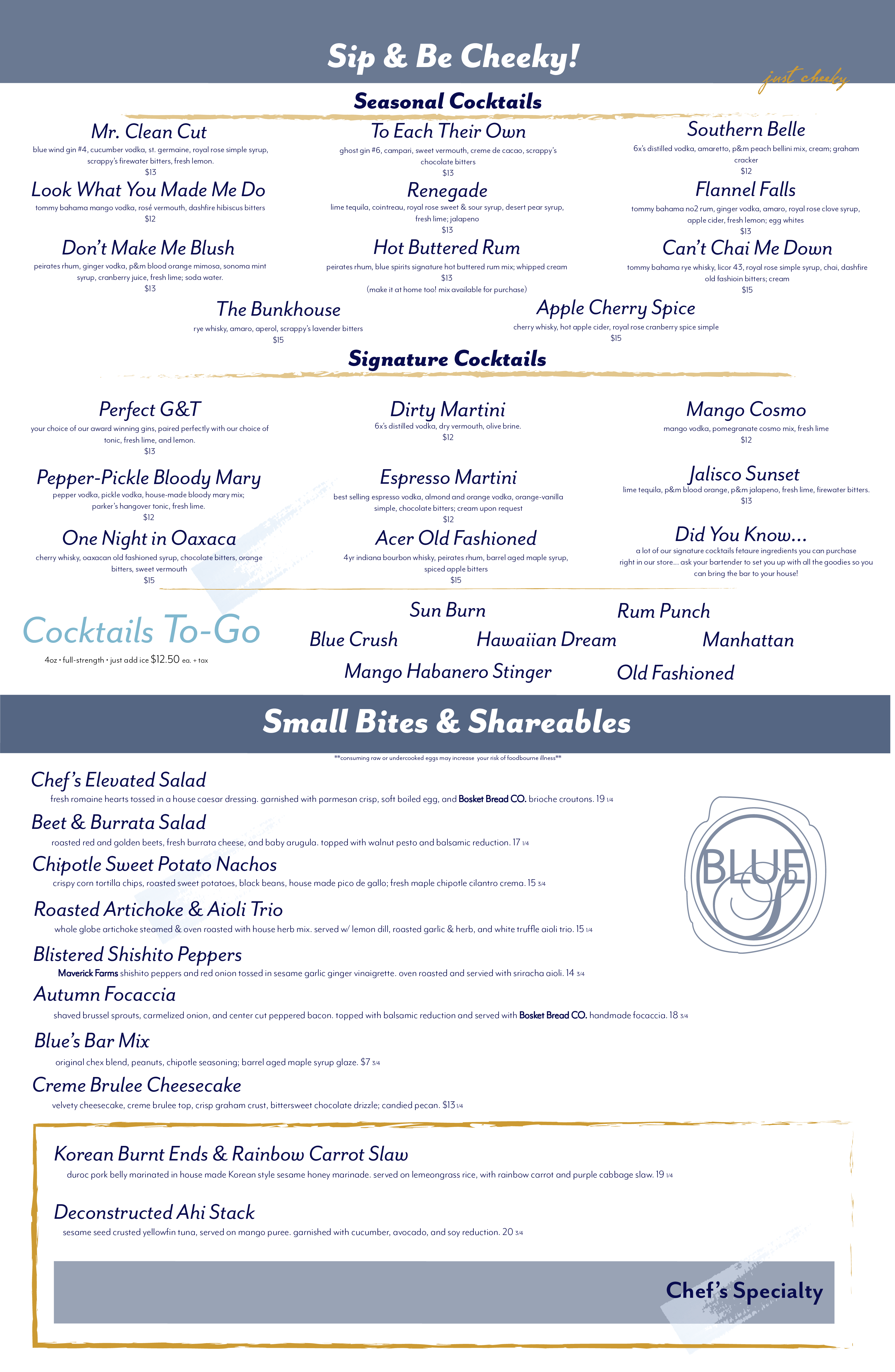 Blue Spirits Bar Menu